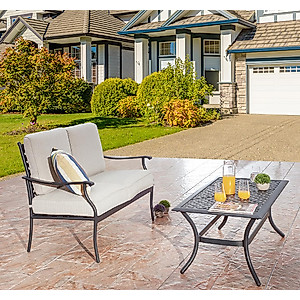 ARTLOFT Patio Loveseat with Coffee Table Outdoor Conversation Loveseat Porch Furniture Set Sofa for Balcony, Backyard, and Deck with Soft Cushions and Metal Table (White)
