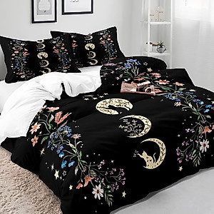 LUVIVIHOME 3PCS Black Cat Moon Phase Duvet Cover Queen Bedding Sets, Boho Aesthetic Celestial Witchy Mystic Gothic Moonlit Wildflower Floral Plant Botanical Black Comforter Quilt Cover, 2 Pillow Cases