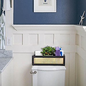 JJSQ Wood Toilet Tank Basket Toilet Paper Storage Basket Organizer, Bathroom Basket Tray with Handles for Vanity Countertop Organizing, Rustic Decor, Black