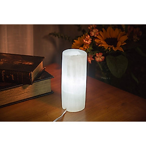 AMOYSTONE White Selenite Electric Lamp Natural Gemstones Crystals Light 3-4 lbs with Cord and Led Bulb Cylindrical 7"