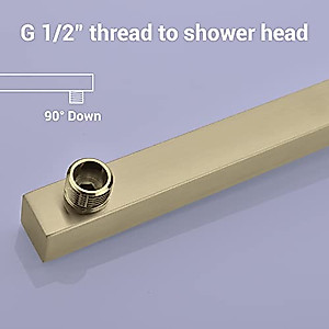 Square Shower Arm with Flange in Brushed Brass 16 Inch Wall Mounted Rainfall Shower Head Extension Arm, Stainless Steel, Brushed Gold