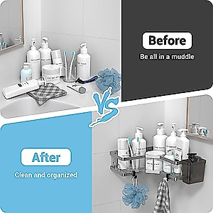 Corner Shower Caddy Bathroom Organizer: 2 Pack Adhesive Shower Shelf Decor- No Drilling Stainless Steel Shower Storage Rack with Hooks and Toothpaste Holder - Bathroom Accessories Shower Stuff