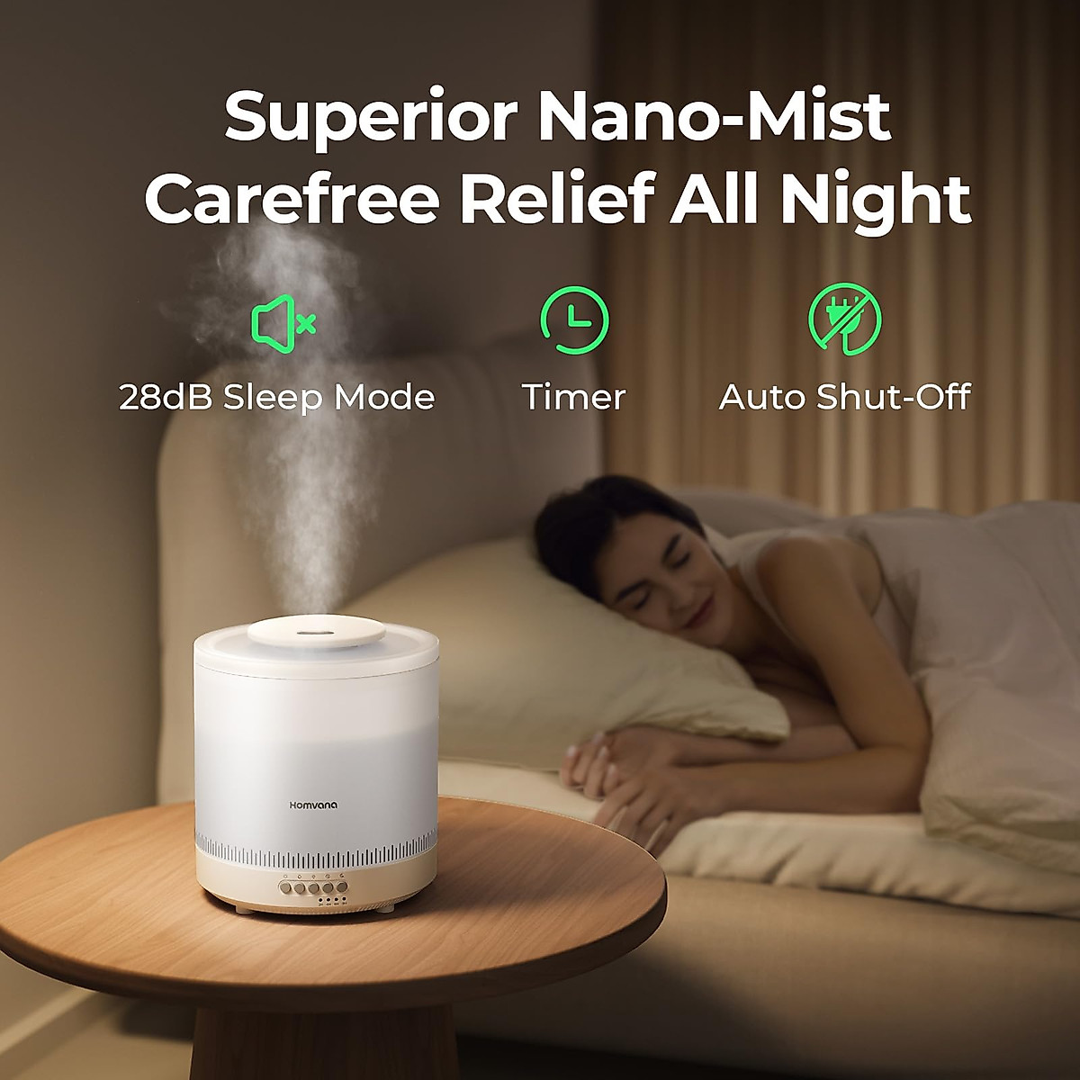 Homvana Small Humidifiers for Bedroom, 1.8L Cool Mist Top Fill Humidifier for Baby Nursery, Essential Oil Diffuser, 3 in 1 for Home Plants Offices and Grow Tents, 7 Color Nightstand Light, Ultrasonic