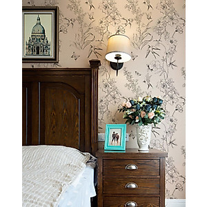 HomKihapai Vintage Wallpaper- Black and White Wallpaper Floral Peel and Stick Wallpaper Modern Bird Wallpaper for Bathroom Waterproof Contact Paper (Black and White, 118"X17.4")