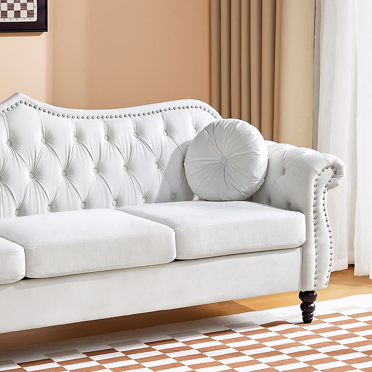 3 Seater Chesterfield Sofa Velvet for Living Room, Modern Tufted Velvet Couch 3 Seater with Scroll Arms and Nailhead, Chesterfield Velvet Sofa, Roll Arm Classic Chesterfield Settee Couches (White)