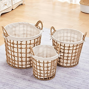 GIB Set of 3 Round Woven Wicker Storage Baskets with Handles & Liners, Natural Jute Decorative Laundry Hampers Baskets Storage Organizer for Blankets, Toys, Bathroom, Living Room, Closet & Shelves