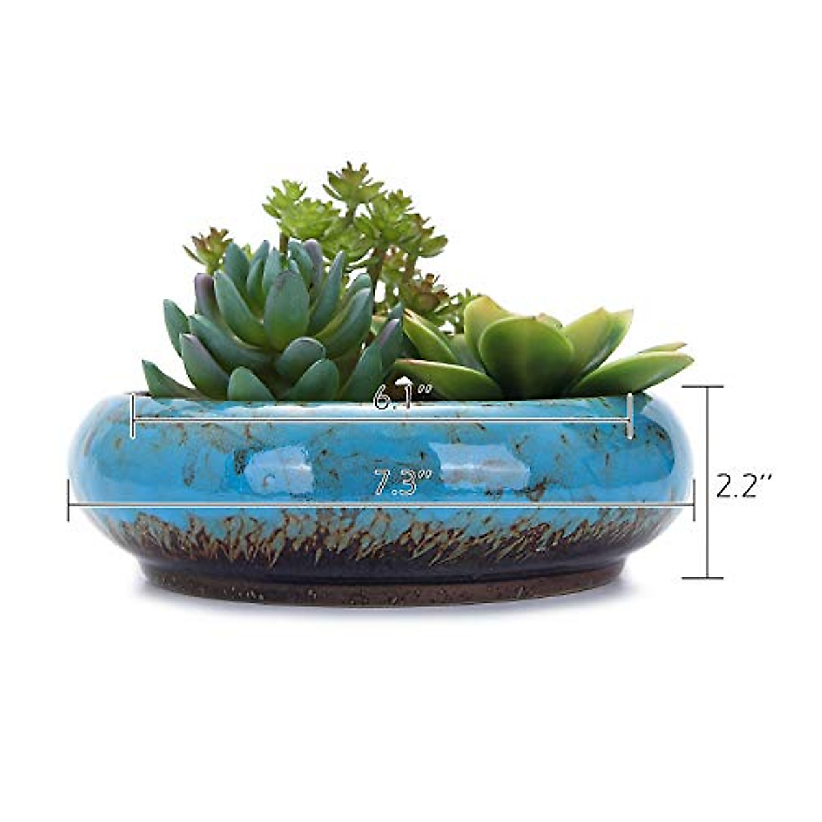 VanEnjoy 7.3 inch Round Large Shallow Succulent Ceramic Glazed Planter Pots with Drainage Hole, Bonsai Pots Garden Decorative Cactus Stand Flower Container (Blue)