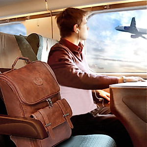 LOTCAIN Vintage Faux Leather Backpack, Slim Laptop Backpack Travel Waterproof Pack College School Bookbag Weekend Daypack Bag for Men Women,Brown