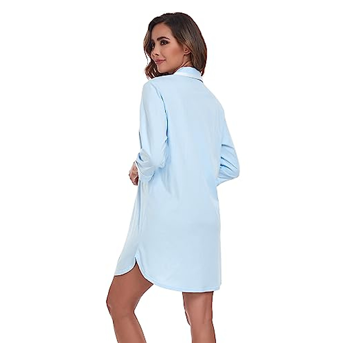 COLORFULLEAF 100% Cotton Nightgowns for Women 3/4 Sleeve Sleep Shirt Button Down Soft Sleepwear Night Dress S-XXL (Light Blue,M)