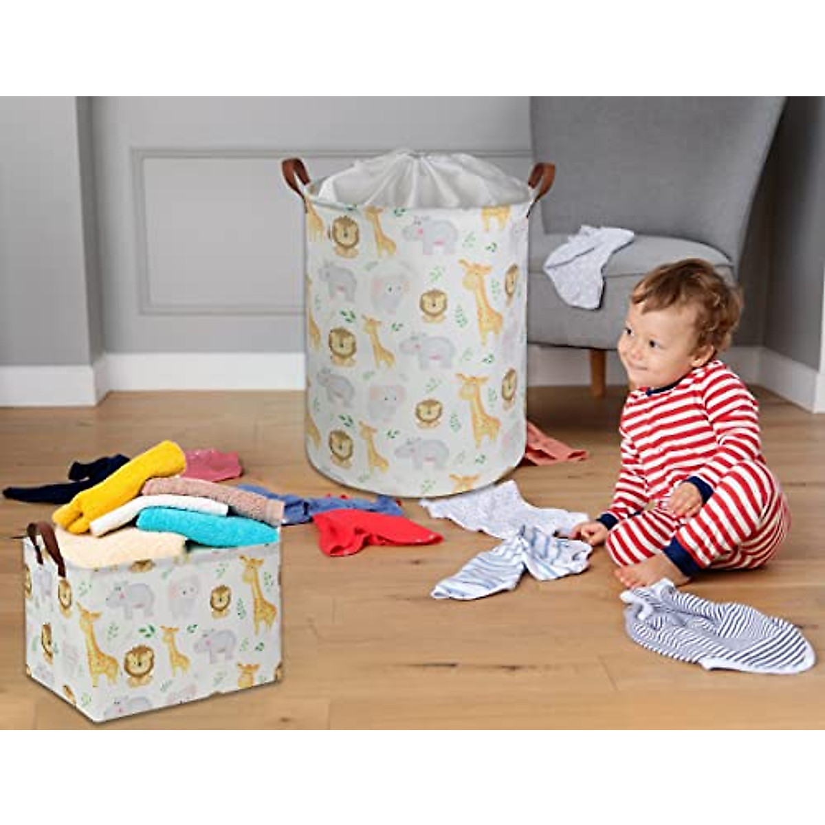HIYAGON Baby Laundry Basket,Kids Hamper with Drawstring Cover,Cute Toy Storage Bin Nursery Hamper Safari Room Decor for Home(Baby hamper)