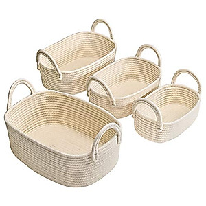 4 Set Wicker Storage Bin Baskets, Multipurpose Cotton Rope Basket Organizers with Study Handles for Baby Nursery, Laundry, Kids Toys & Stationery, Washable & Chemical Free Woven Organizer Bins, White