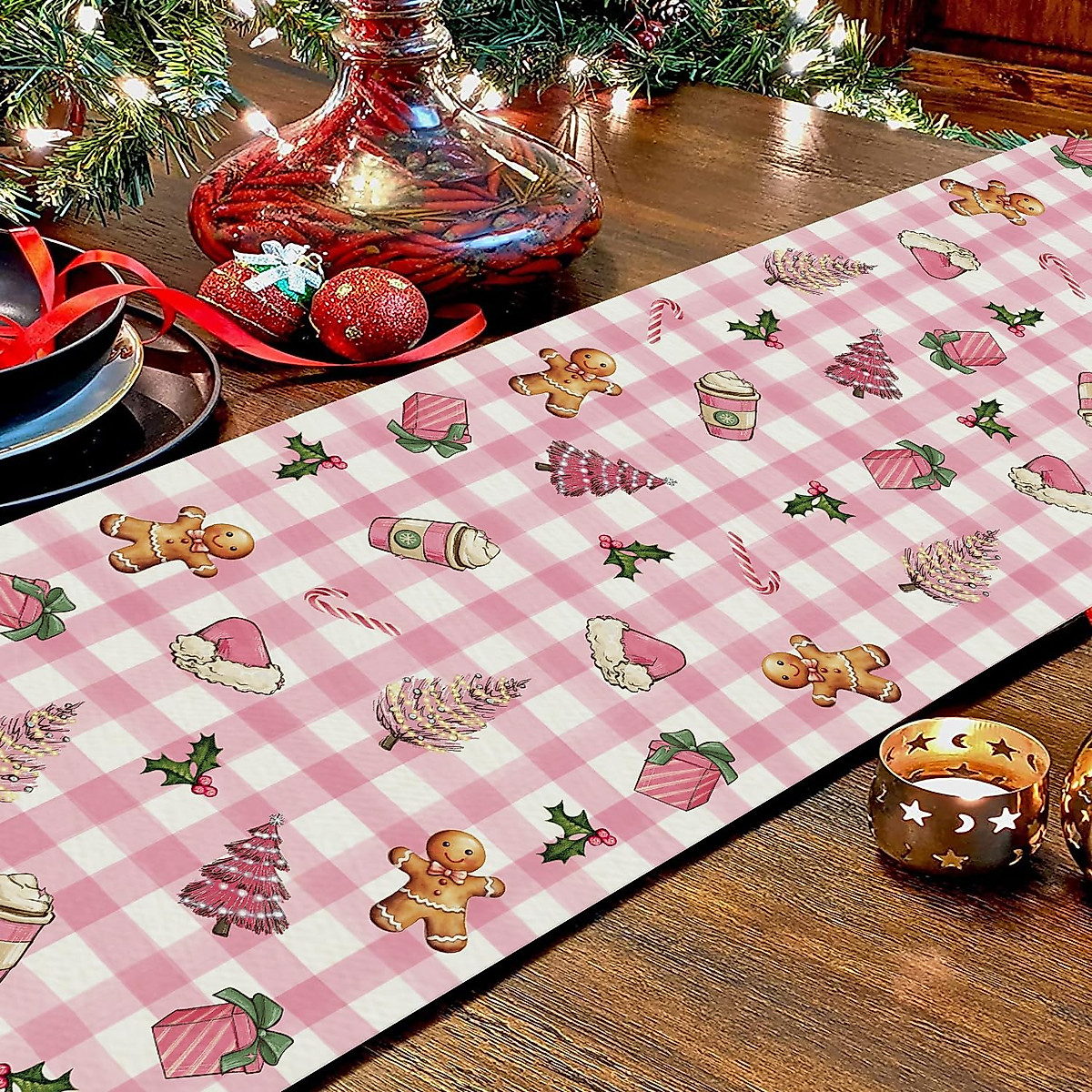 Christmas Table Runner Pink Plaid Tree Gingerbread Candy Xmas 13 x 72 Inch Winter Holiday Home Kitchen Merry Christmas Table Decor