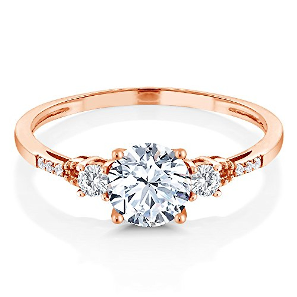 Gem Stone King 10K Rose Gold 6MM Round Gemstone Birthstone White Created Sapphire and White Diamond Accent 3-Stone Engagement Ring | Three-Stone Wedding Anniversary Promise Ring For Women