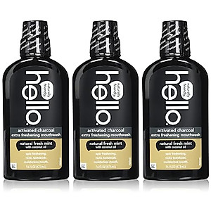 Hello Activated Charcoal Extra Freshening Mouthwash, Natural Fresh Mint and Coconut Oil, Fluoride Free, Alcohol Free, Vegan, SLS Free and Gluten Free, 16 Fl Oz (Pack of 3)