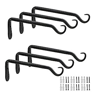 Worth Garden 6-Pack 7" Plant Hanger Bracket - Forged Wrought Iron Powder-Coated Heavy Duty Wall Hook - Black Plant Hanging Hooks - Durable and Stable for Bird Feeders, Planters Indoor & Outdoor