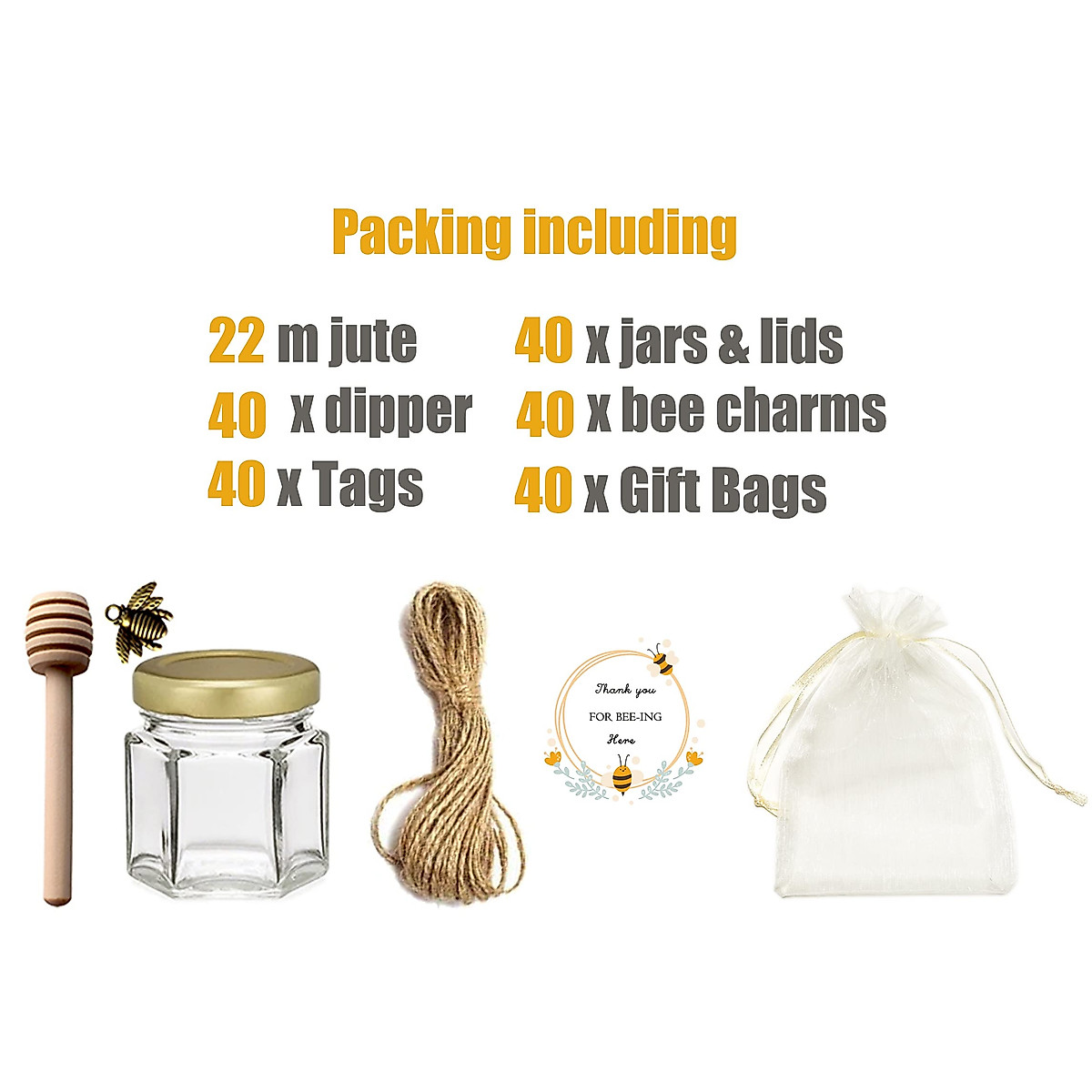 Adabocute 40 Pack Mini Honey Jars with Wood Dipper | Gold Lid | Bee Pendants| | Beige Gift Bags | Thanks for Beeing Here Tags | Ideal for Baby Showers & Wedding Favors