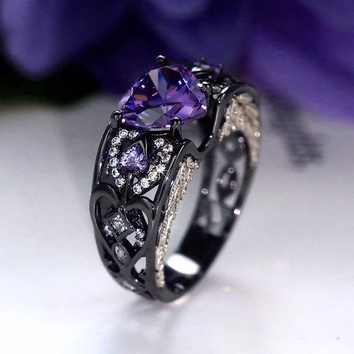 4.00Ct Heart Cut Purple Amethyst & Diamond Angel Wings Engagement Ring 925 Sterling Silver (4.5)