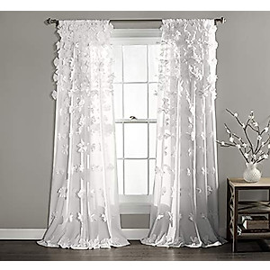 Lush Decor Riley Window Curtain Sheer Ruffled Textured Bow Window Panel for Living, Dining Room, Bedroom (Single), 54"W x 84"L, White