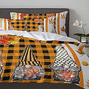 3 Pieces Bedding Set Queen Size, Fall Gnomes Soft Duvet Cover Set Comforter Cover Set with Zipper Closure All-Season Breathable Bedding Set Thanksgiving Orange Black Plaid Autumn Maple Leaf Pumpkin