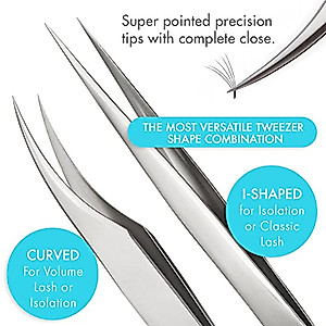 Eyelash Extension Tweezers Set of 2 Eyelash Tweezers - Isolation Tweezers Eyelash Extensions and Volume Lash Tweezers - Straight and Pointed Curved Tweezers - Professional Lash Tweezers – by CLW