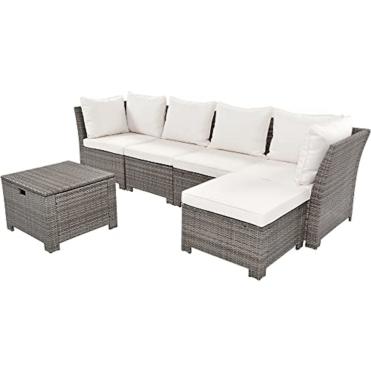 Goohome 6-Piece Patio Outdoor Sofa Set, All-Weather PE Wicker Rattan ConversationalSet Furniture w/2 Corner Sofá, 2 Single Chairs, 1 Storage Table and 1 Ottoman, for Backyard, Garden, Poolside, Deck