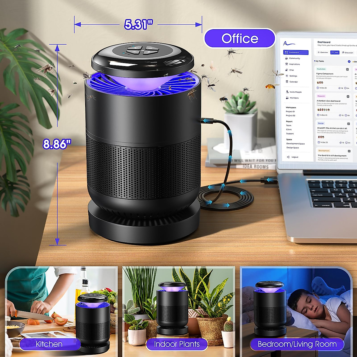 Fly Trap Indoor, Bug Light Trap Indoor, Remote Control Fruit Fly Trap, Gnat Trap, Mosquito Trap, Catch Insect Indoor with Light Suction Sticky Glue, Adjustable Brightness and Fans (Black&Dark Blue)