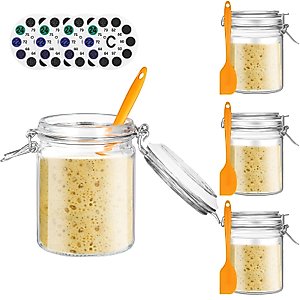 Rtteri 4 Pack 25 oz Glass Sourdough Starter Kit with Thermometer Sticker, Silicone Jar Spatula, Chalkboard Labels and Marker, Wide Mouth Airtight Sourdough Starter Container