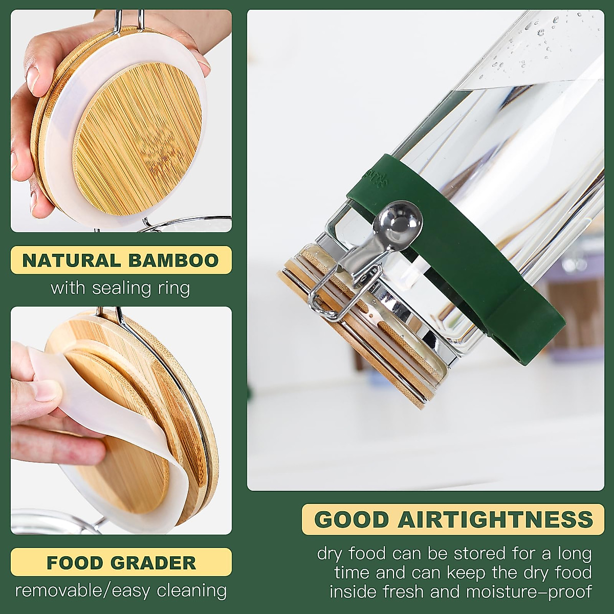 MR.BLACAT KKC Home Accents Clear Visible Glass Coffee Storage Jars with Bamboo Clamp Lid, Airtight Canister for Sugar,Salt,Coffee Beans,Loose Leaf Tea,Nuts,Pantry Organization – 50 Fl. Oz,Purple