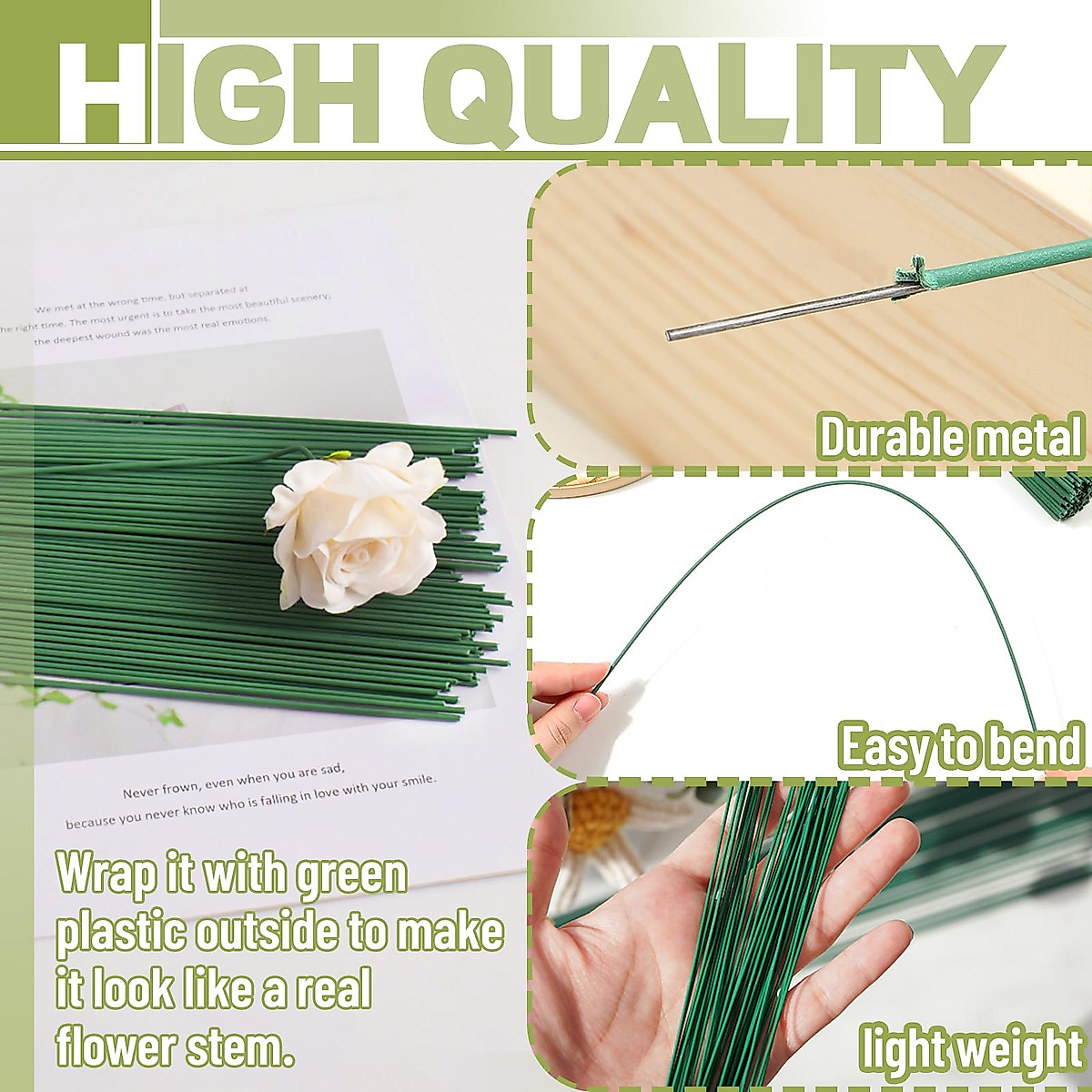 200 PCS Floral Stem Wire Flower Arrangements and DIY Crafts,Dark Green,Floral Wire for Florist Flower Arrangement 16 Inches