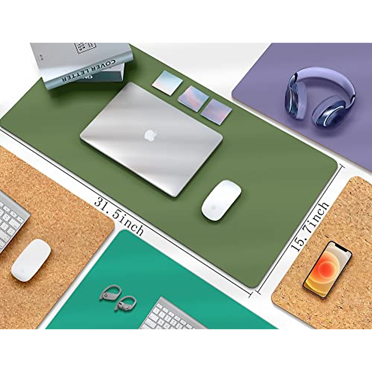 Aothia Office Desk Pad, 31.5" x 15.7" Large Mouse Pads, Cork and PU Leather Dual-Sided Laptop Desk Protector, Writing Pad, Easy to Clean, Waterproof for Office Work/Home/Decor (Deep Green)