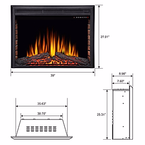 Joy Pebble 39 Inch Electric Fireplace Insert,750W/1500W Recessed Electric Fireplace Heater,Adjustable 5 Flame Color & 5 Burning logs Color,Electric Fireplace with Remote Control&Overheat Protection