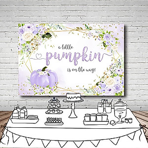 MEHOFOND 7x5ft Autumn Pumpkin Backdrop for Girl Baby Shower Purple Floral Baby Girl Party Decor A Little Pumpkin is On The Way Photography Background Gold Glitter Banner Photoshoot Props
