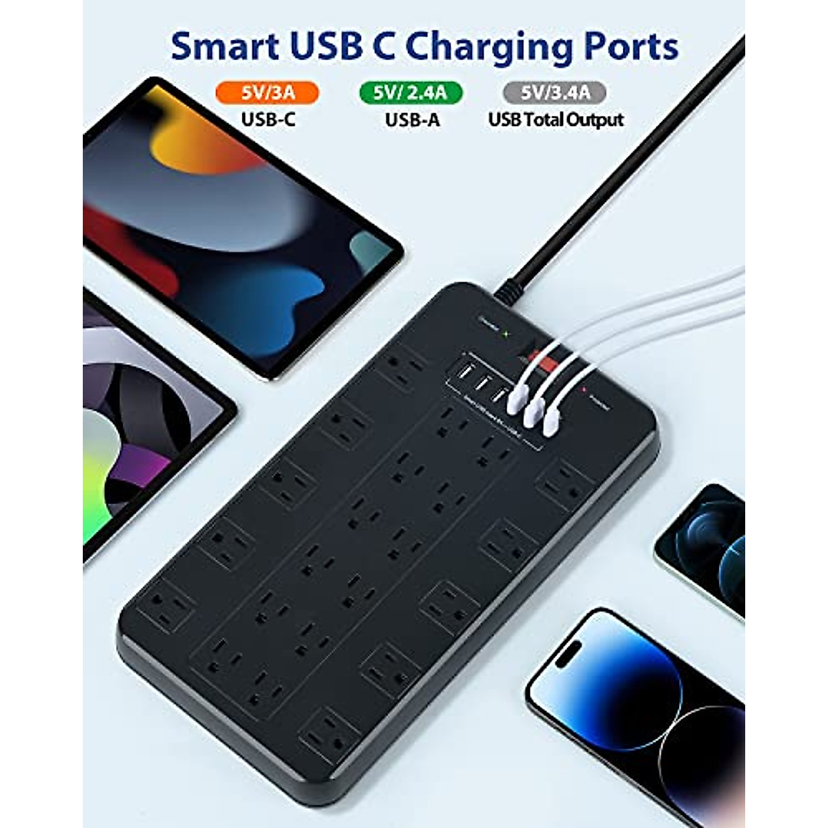 Power Strip Surge Protector, FDTEK Multi Plug Outlet with 22 AC Outlets and 6 USB 1875W/15A 2100 Joules 6.5Ft Flat Plug Extension Cord Heavy Duty Large Power Strip for Home, Office, Dorm, Gaming Room