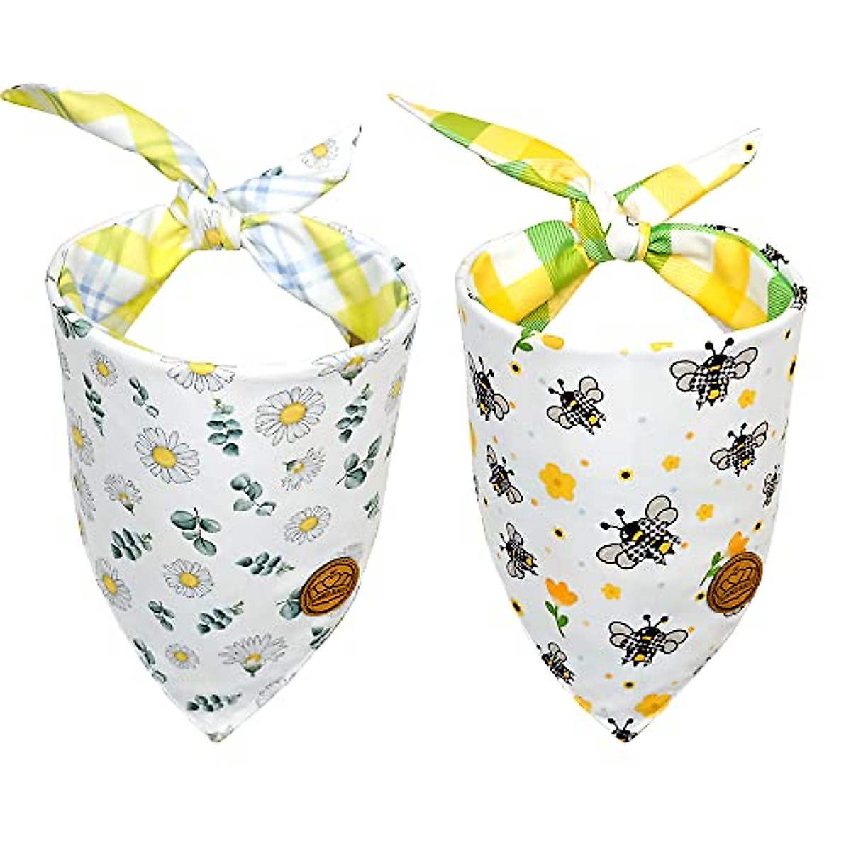 CROWNED BEAUTY Spring Summer Dog Bandanas Reversible Large 2 Pack, Daisy Bee Set, Plaid Adjustable Triangle Holiday Scarves for Medium Large Extra Large Dogs Pets DB36-L