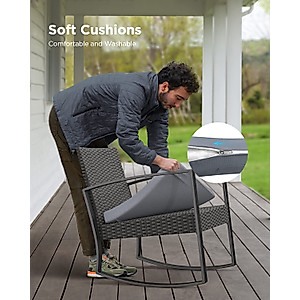 Aiho 3 Pieces Patio Furniture Set, Outdoor Rocking Chair Sets with Cushion, Modern Rattan Conversation Sets for Porches and Balcony, Gray Cushion