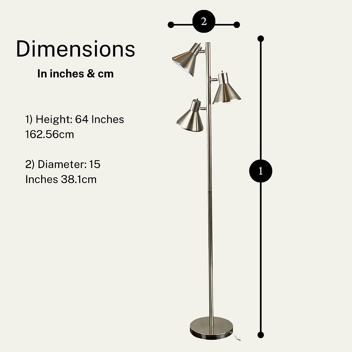 LIGHTACCENTS 3 Light Brushed Nickel Floor Lamp with 3 Adjustable Reading Room Lights - Tree Style Standing Lamp with Adjustable Lights - Floor Standing Pole Light - Living Room Lamp (Brushed Nickel)