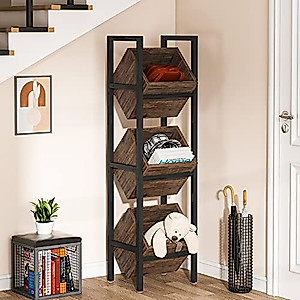Tribesigns Basket Stand, 3 Tier Wood Shelving Unit with Baskets, Rustic Vertical Standing Basket Storage Tower for Kitchen Bathroom Living Room