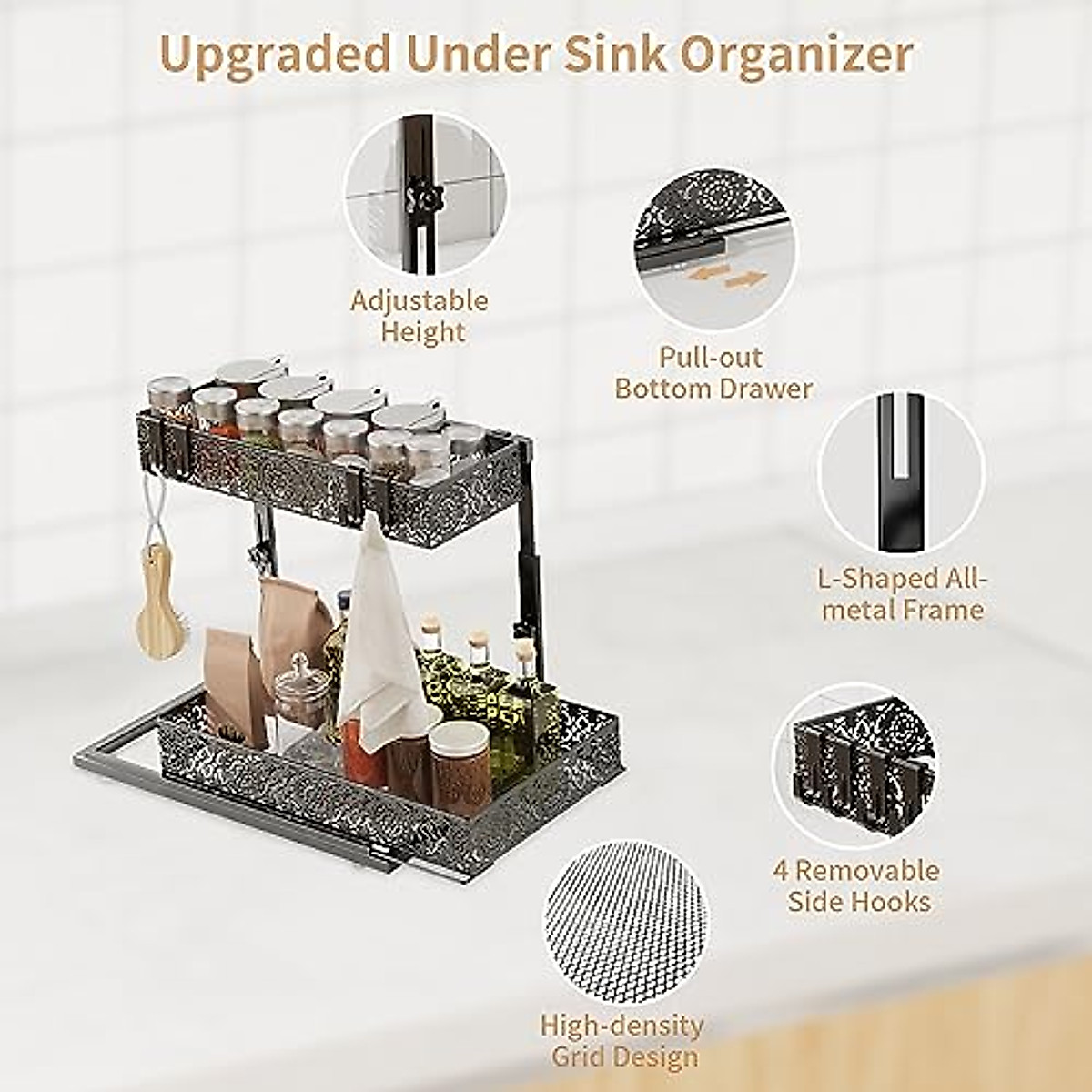 Adjustable Height Under Sink Organizers and Storage, Iirios 2 Pack Metal Slide Out Cabinet Organizer, Under Sink Shelf Cabinet Organizer with Hooks, Multi-Use for for Bathroom Kitchen Organization