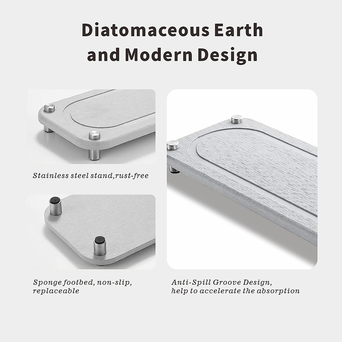 Volious Instant Dry Sink Organizer, Kitchen and Bathroom Fast Drying Stone Sink Tray, Water Absorbing Stone Tray for Sink with Stainless Steel Feet (Grey)