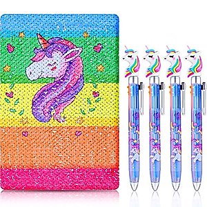 Leinuosen Unicorn Notebook Set, 4 Pieces Unicorn Multicolor Pens with Reversible Sequin Unicorn Pattern Notebook for Party Gifts and School Supplies (Rainbow)