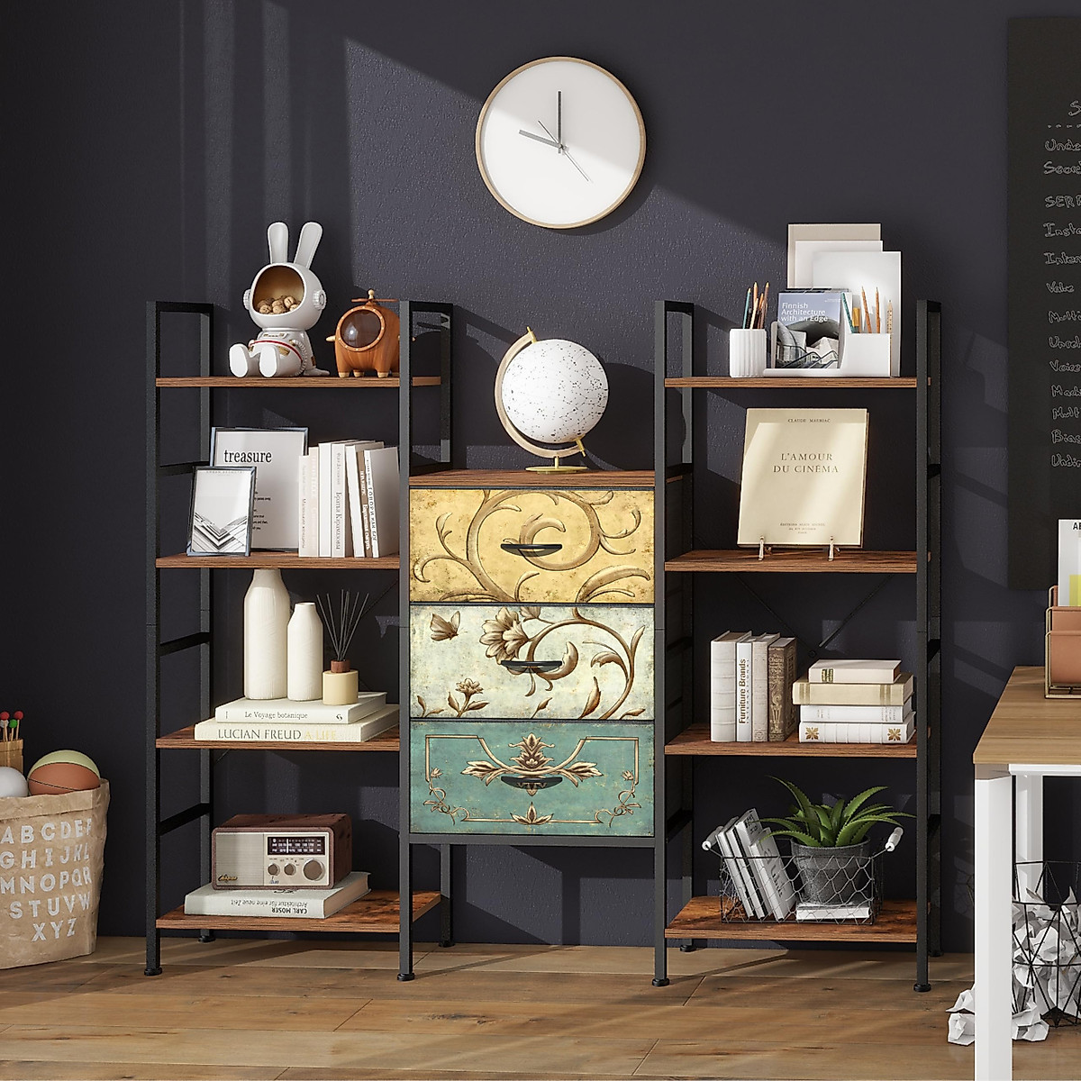Tohomeor Triple Wide Bookcase with 3 Retro Flower Fabric Storage Drawers 4-Tier Bookshelf with 9 Open Display Shelves Industrial Bookshelf for Bedroom Home Office Living Room