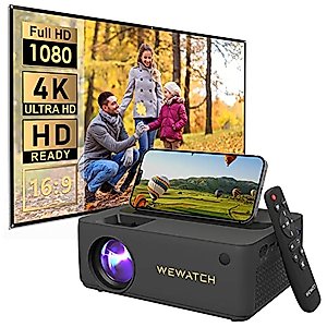 WEWATCH Native 1080P Mini Projector, 13500 Lumens Portable WiFi Bluetooth Projector, with 120 inch Projector Screen, Movie Projector for Home Outdoor Compatible with TV Stick, HDMI, iOS Android