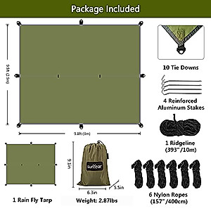 Hammock Rain Fly Tent Tarp Provides Effective Protection Against Rain, Snow. 32ft Long Ridgeline. Big 9.8x9.5ft Durable, Waterproof 210D Oxford. 6 Reflective Guy Lines, 2 Stuff Sacks. Easy Assembly