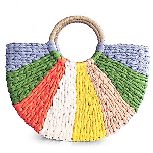 QTKJ Simple Retro Semi-circle Rattan Straw Bag Hand-Woven Round Women Straw Paper Handbag Summer Beach Bag Tote Straw Bag Purse (Colorful)