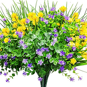 CEWOR 9pcs Artificial Flowers, UV Resistant Faux Outdoor Flowers, Fake Plastic Flowers for Cemetery Decoration Home Kitchen Bedroom Wedding Party Decor (Yellow, Purple, Green)