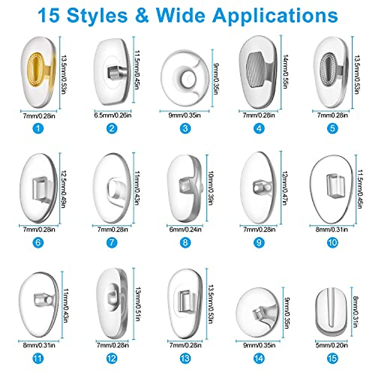 Eyeglass Nose Pads, Soft PVC Nose Pads, 15 Style 150 Pairs Eyeglass Repair Kit for Glasses, Eyeglasses, Sunglasses