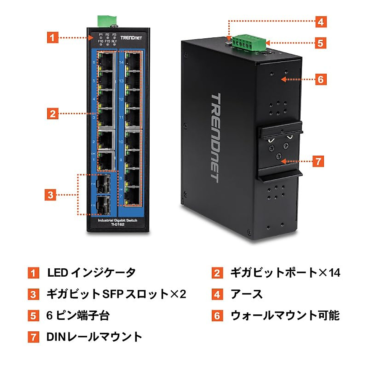 TRENDnet 16-Port Hardened Industrial Unmanaged Gigabit DIN-Rail Switch, TI-G162, 14 x Gigabit Ports, 2 x Gigabit SFP Slots,32Gbps Switching Capacity, IP30 Ethernet Network Switch, Lifetime Protection
