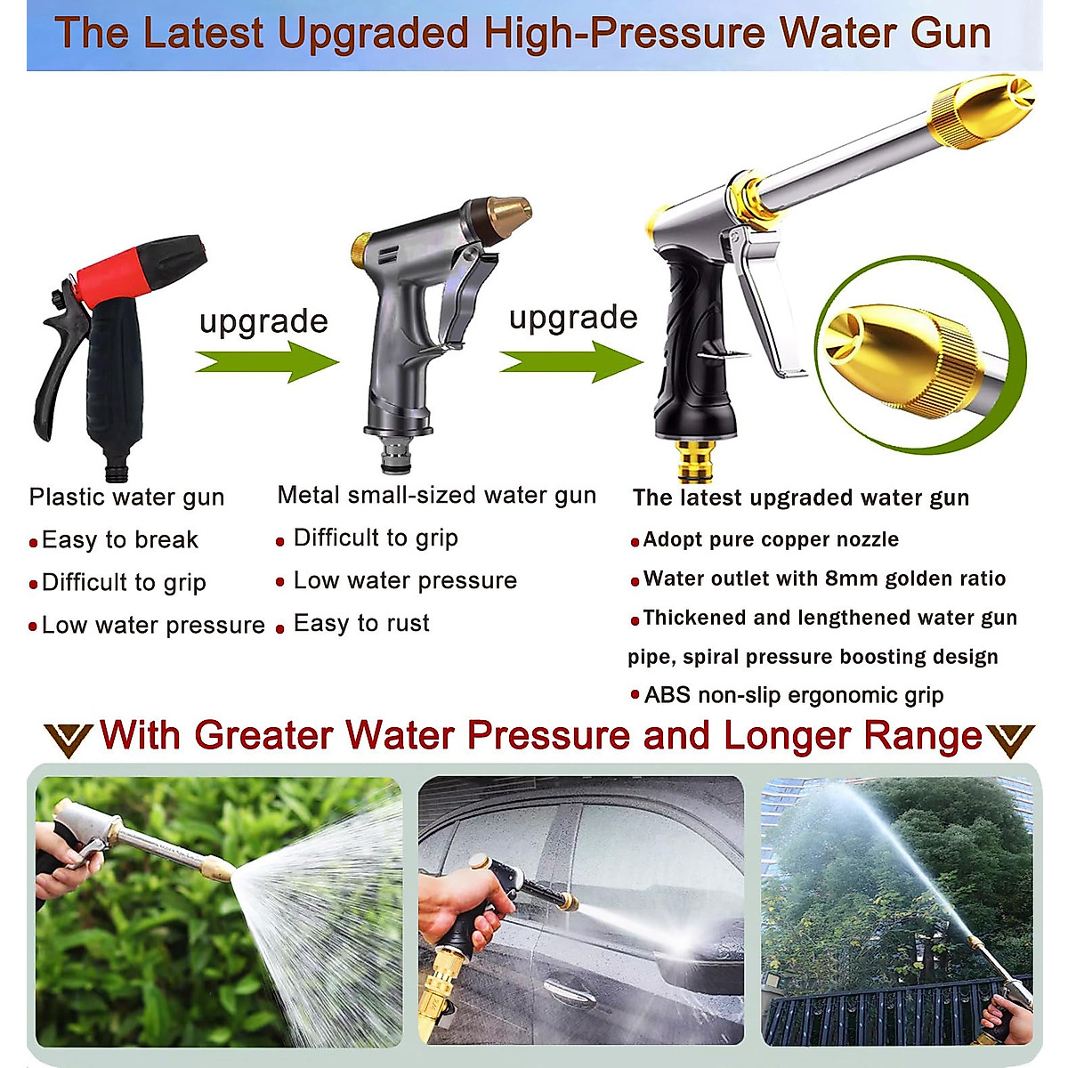 Upgrade Garden Hose Nozzle,100% Heavy Duty Metal Spray Gun With Full Brass Nozzle,High Pressure Water Hose Nozzle Sprayer Head,3/4" Quick Connectors,for Lawn & Garden,Washing Cars,Showering Dogs&Pets