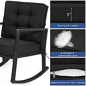 HAPPYGRILL Patio Rocking Chair Outdoor Rattan Wicker Glider Chair with Heavy-Duty Frame Thick Cushion for Backyard Garden Porch, Black