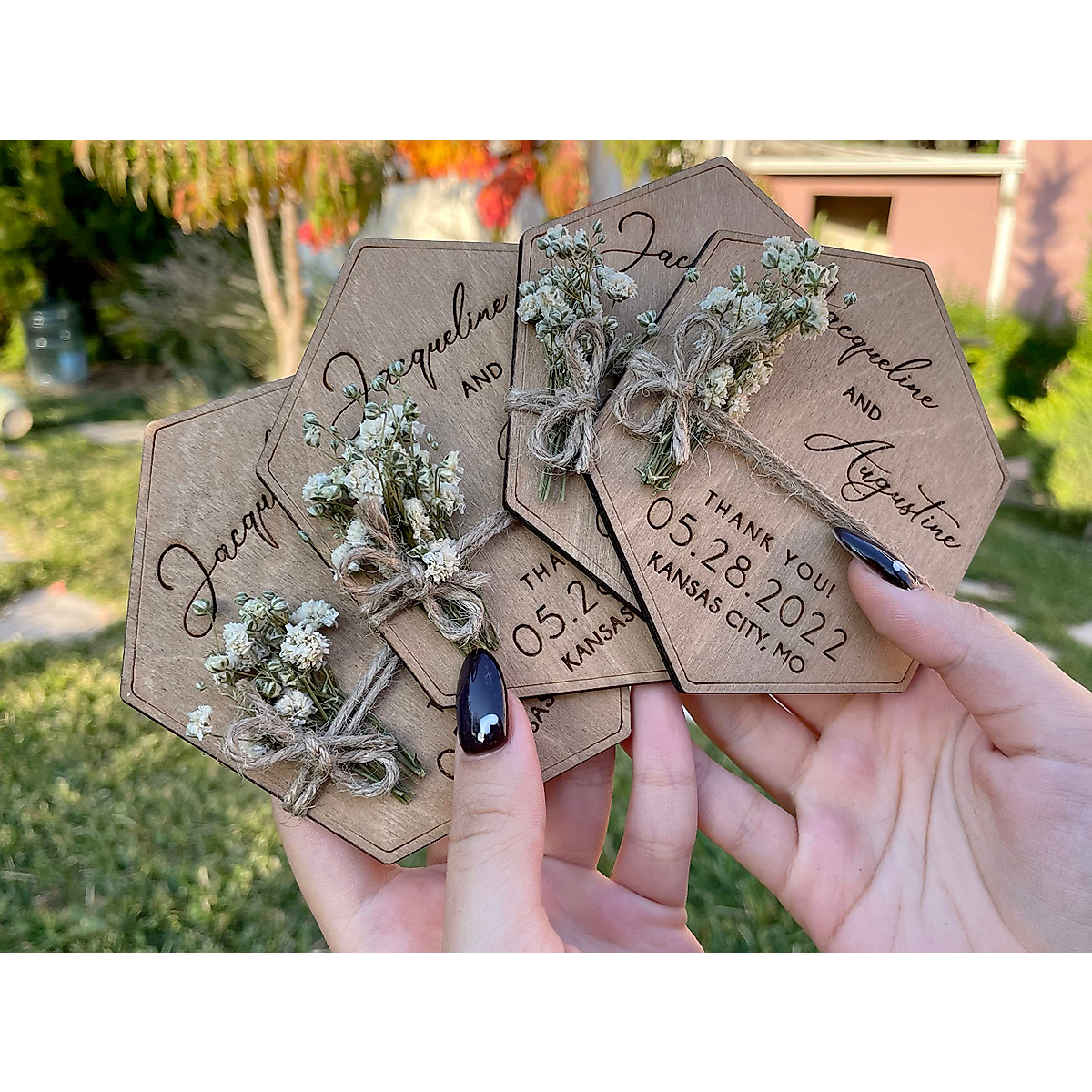 vitawed Hexagon Floral Wedding Favors, Personalized Wedding Favor, Wooden Magnet with Envelopes and Stickers, Pack of 8 to 300